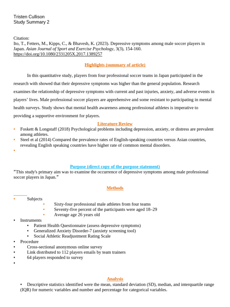 Cullison - Study Summary 2 | PDF | Depression (Mood) | Anxiety