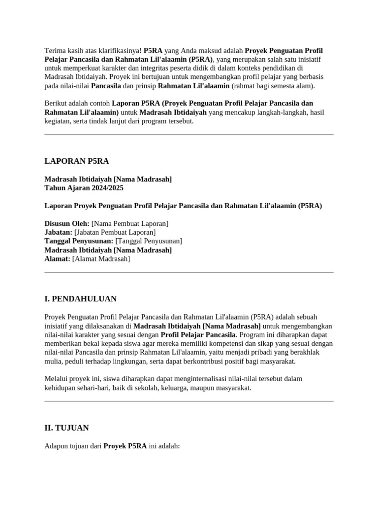 Laporan Proyek P5RA Madrasah Ibtidaiyah | PDF