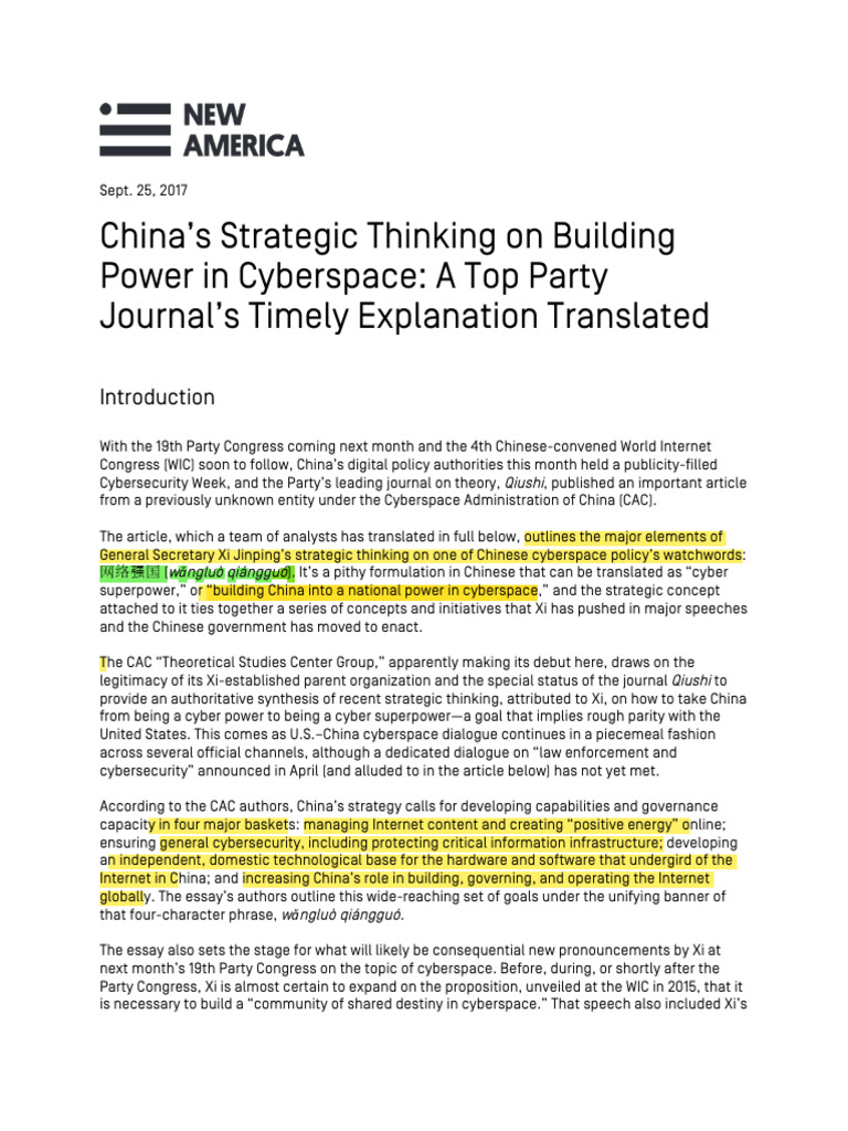 2017 Implement Xi's Strategic Thinking China As A Cyber Superpower ...