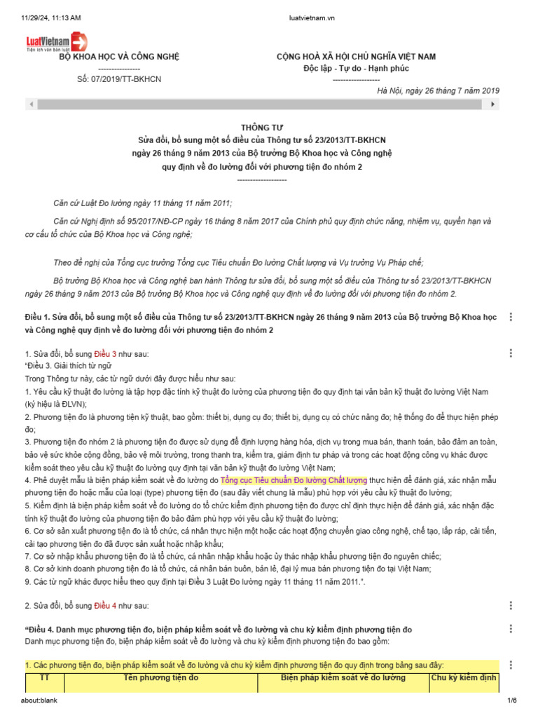 Thông Tư 07 Bộ KHCN Thời Hạn Kiểm Định Công Tơ,TI,TU | PDF