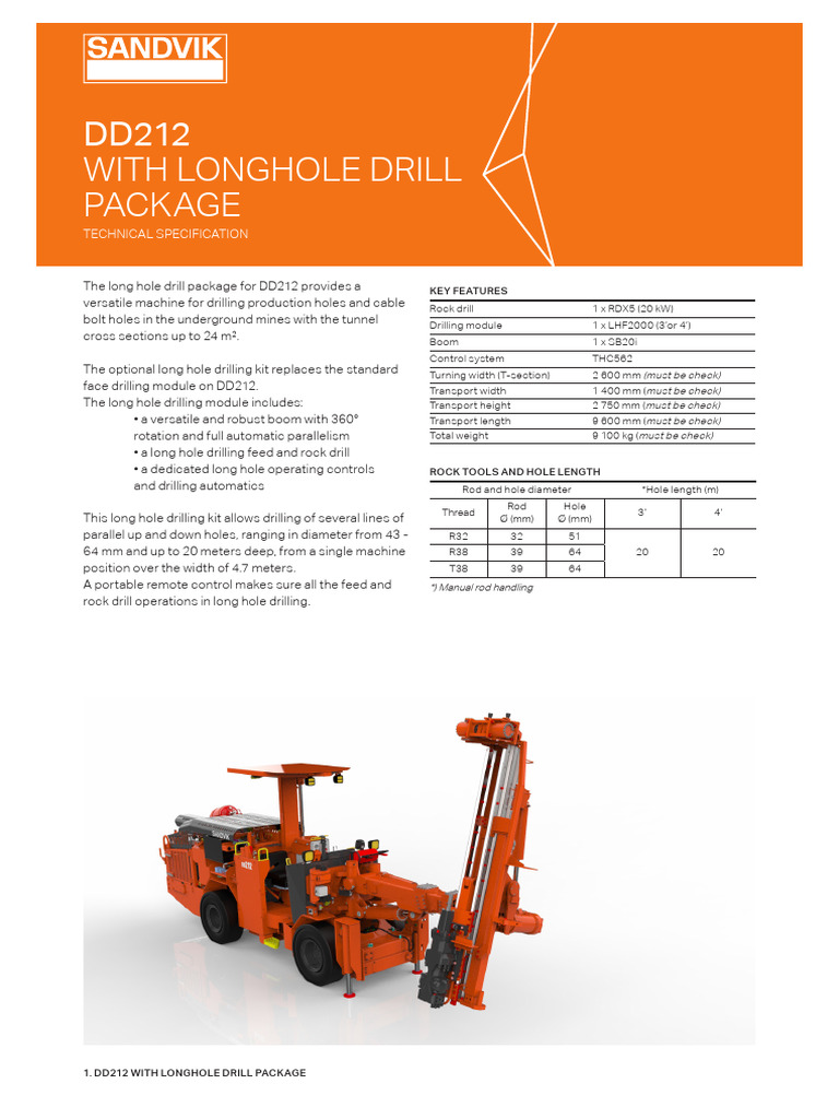 Sandvik DD212 Longhole Drill Specs | PDF | Drill | Drilling