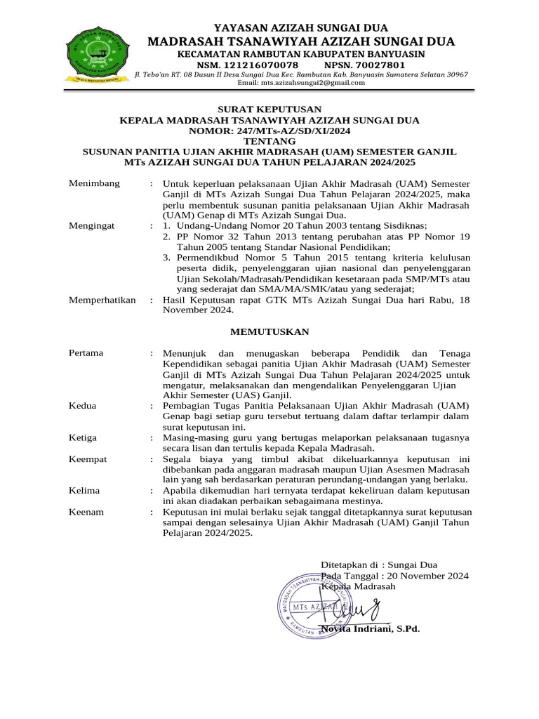 SK UAM Ganjil - Susunan Panitia UAM MTs Azizah Sungai Dua 2024-2025 | PDF