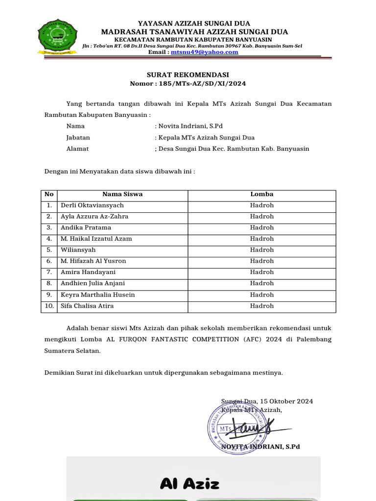 Surat Rekomendasi Lomba Hadroh 2024 | PDF