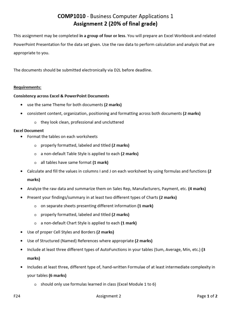 COMP1010 Assignment 2 (Fall 2024) | PDF | Microsoft Excel | Worksheet