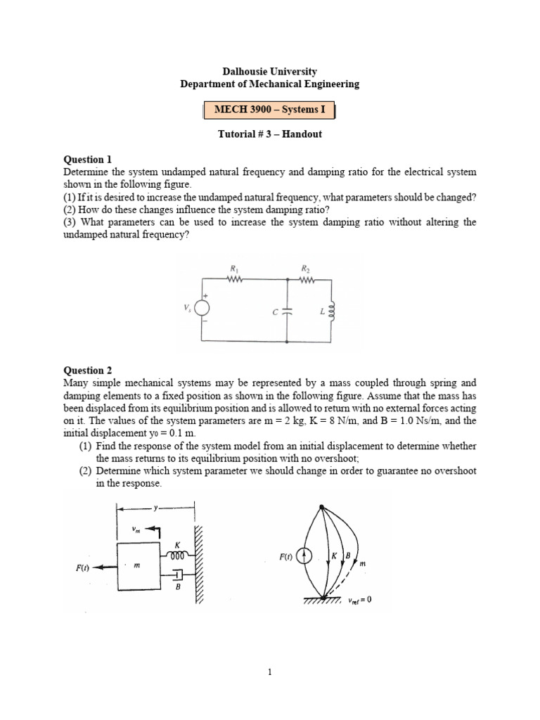 2024-Tutorial 3 - MECH 3900 | PDF | Damping | Classical Mechanics