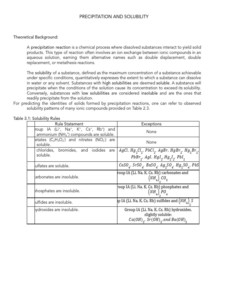 Precipitation Reactions and Solubility Rules | PDF | Solubility ...
