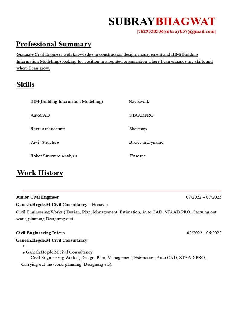 Subray Resumee | PDF | Autodesk Revit | Civil Engineering