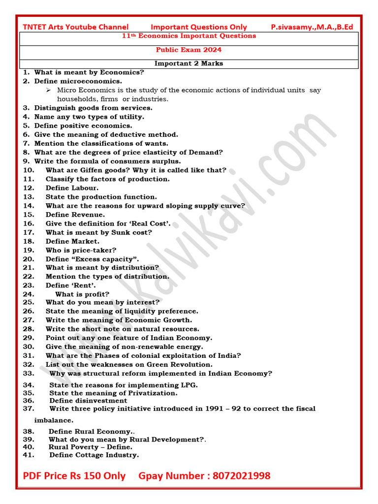 Class 11 Economics Important Questions | PDF | Economics | Microeconomics