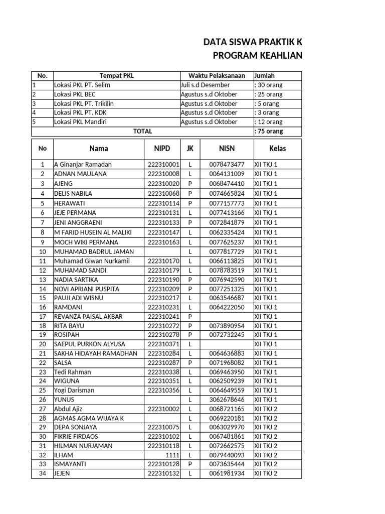 Data Siswa PKL TJKT TP. 2024-2025 | PDF