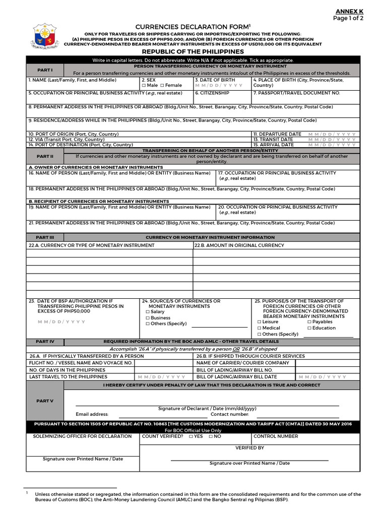 Currency Declaration Form Philippines | PDF | Currency | Money