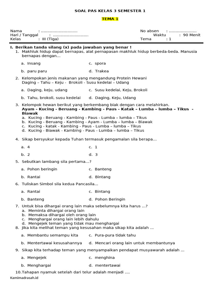 Soal PAS Kelas 3 Tema 1 - Kamimadrasah | PDF