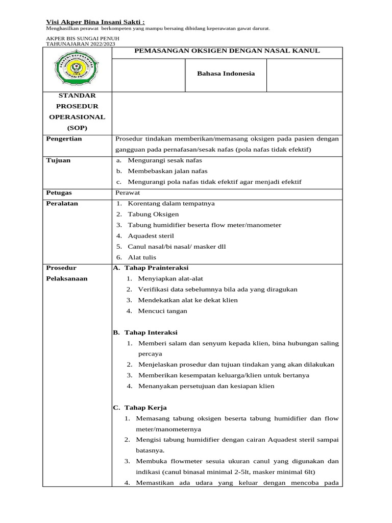 SOP Pemasangan Nasal Kanul | PDF