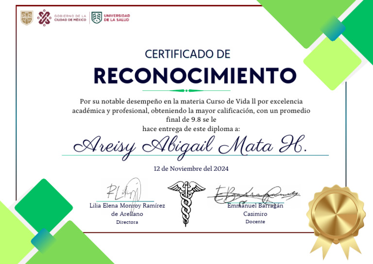 Certificado Diploma de Reconocimiento Alumna A.A.M.H | PDF