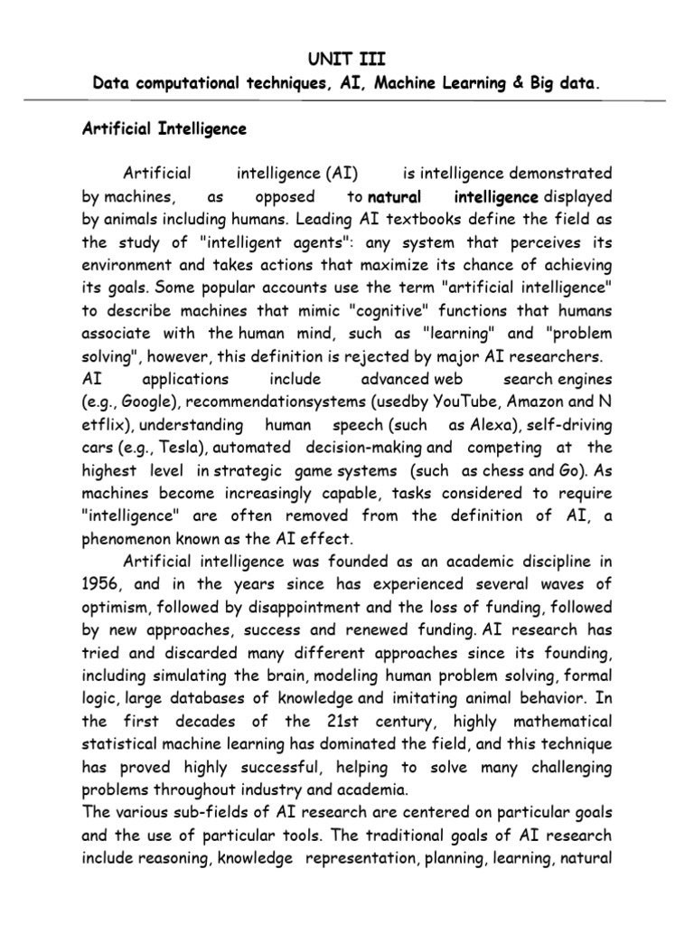 UNIT III Data computational tech., AI,ML, Big data-converted (1) (1) | PDF | Parallel Computing ...