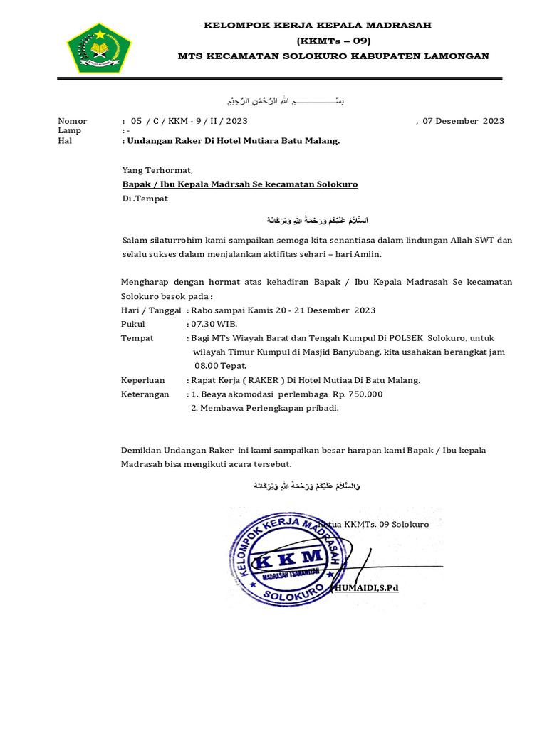 Surat Undangan Resmi Raker KKM 9 2023 | PDF