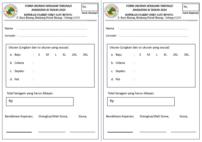 Form Ukuran Seragam Siswa Baru | PDF
