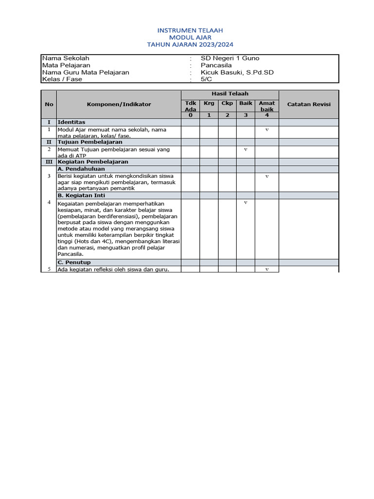 INSTRUMEN MODUL AJAR KLS 5 | PDF