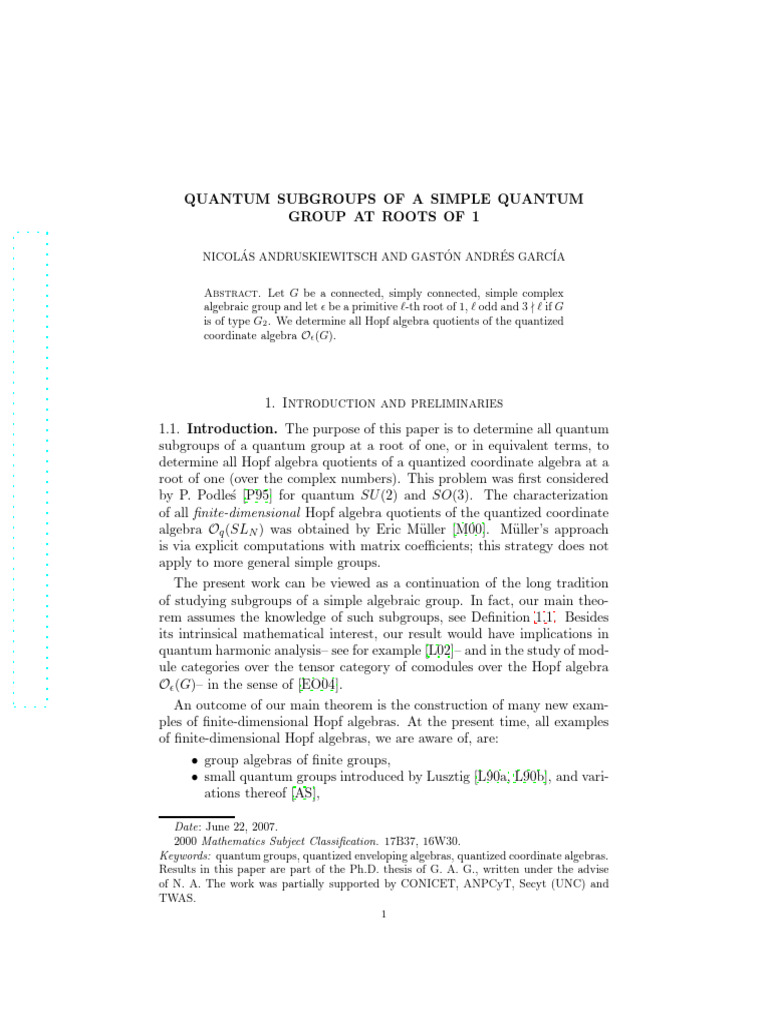 Quantum Subgroups of A Simple Quantum Group at Roots of 1 | PDF | Group ...