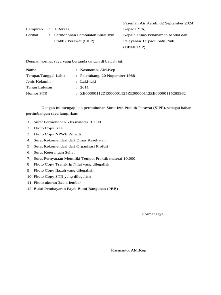 Surat Permohonan SIPP Kasmanto | PDF