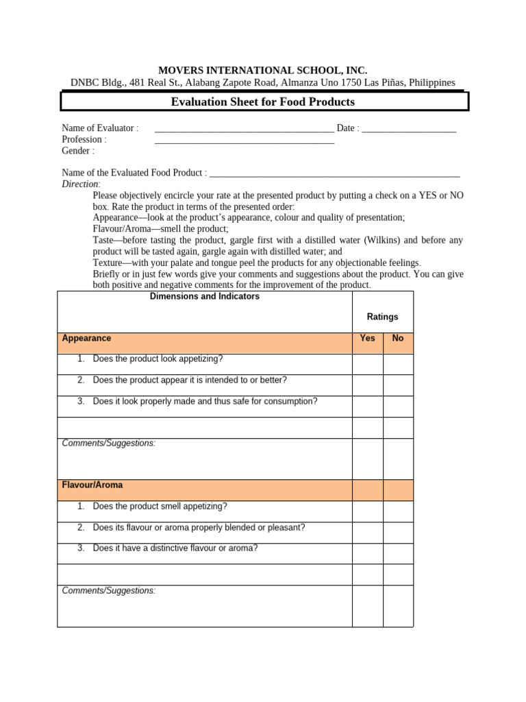 Food Product Evaluation Sheet Template | PDF | Taste