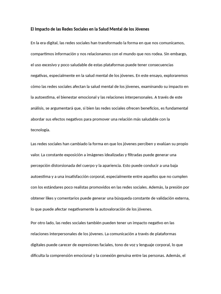 El Impacto de Las Redes Sociales en La Salud Mental de Los Jóvenes ...
