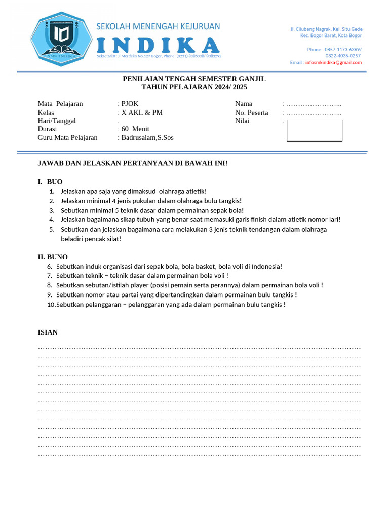 SOAL PTS Ganjil PJOK Kelas X SEP 2024 | PDF