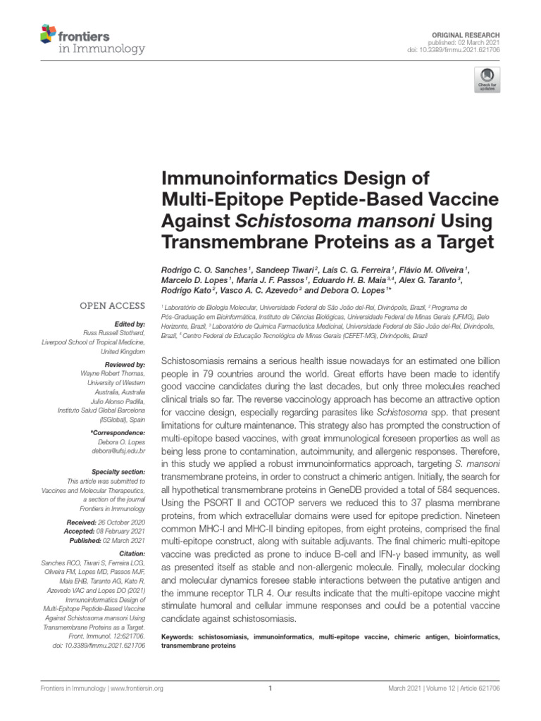 Immunoinformatics Design of Multi-Epitope Peptide-Based Vaccine Against Schistosoma Mansoni ...