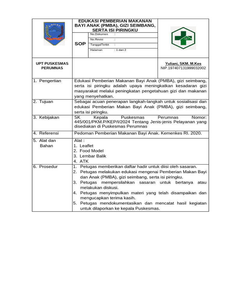 Sop Edukasi Pemberian Makanan Bayi Anak (Pmba), Gizi Seimbang, Serta ...
