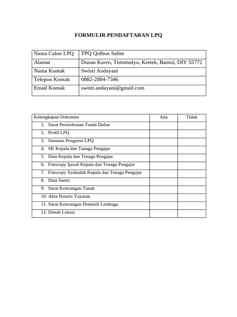 00. Formulir Pendaftaran LPQ | PDF