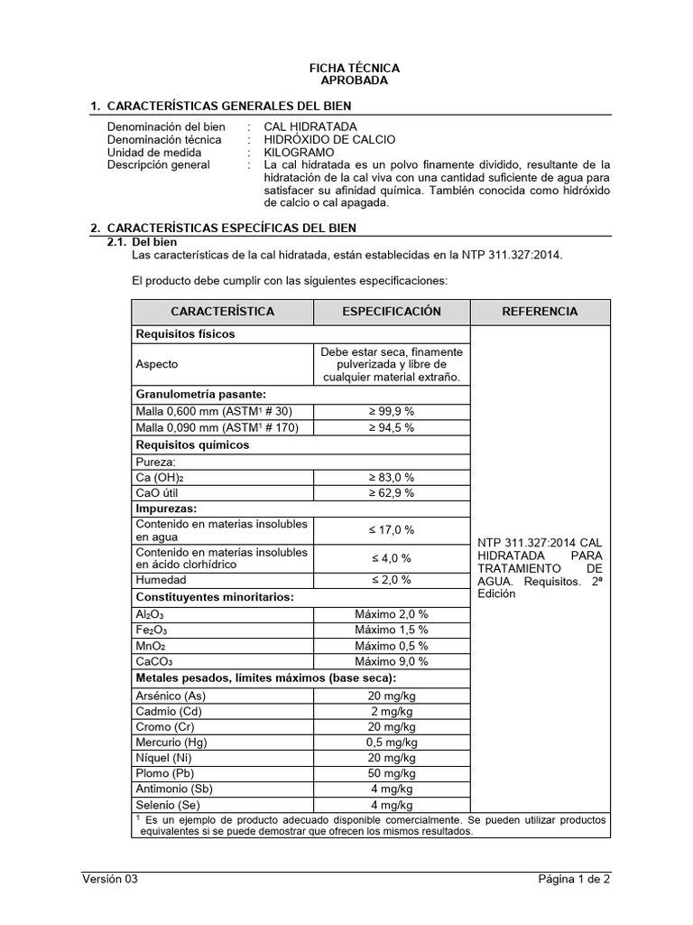 Ficha Tecnica de Cal Hidrataa | PDF | Lima (Material) | Sustancias químicas