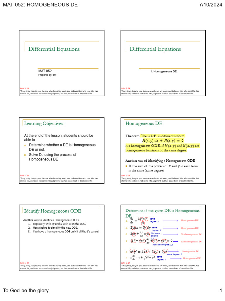 Mat 052 Lesson 4 Homogeneous de | PDF | Subtraction | Mathematical Concepts