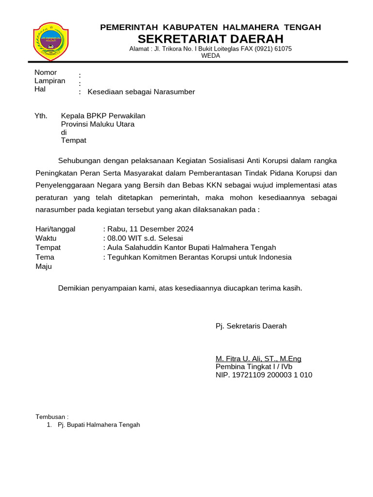 02. SURAT PERMINTAAN NARASUMBER KASATGAS KPK | PDF