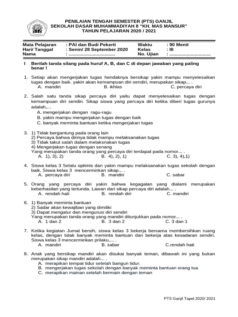 Soal PTS Ganjil PAI kls 3 2020-2021 | PDF