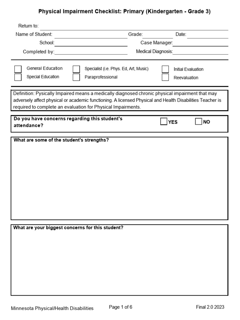 PI Checklist Primary Grades K - 3 | PDF | Disability | Classroom