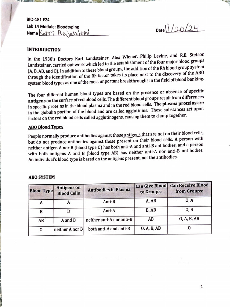 Lab 14 bloodtyping | PDF | Blood Type | Dominance (Genetics)