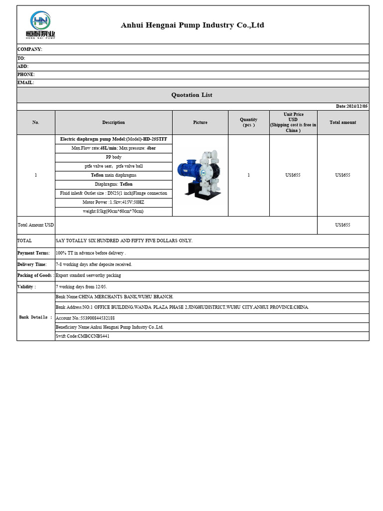 Quotation For HD25 Diaphragm Pump | PDF