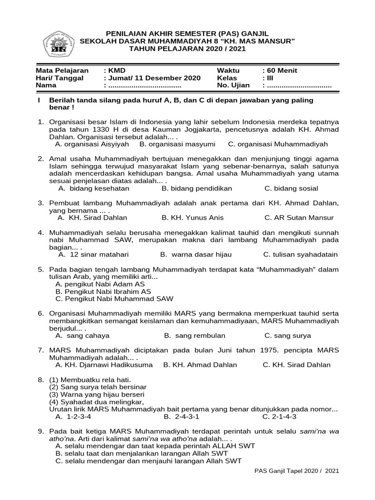 Soal PAS Ganjil KMD kls 3 2020-2021 ok | PDF