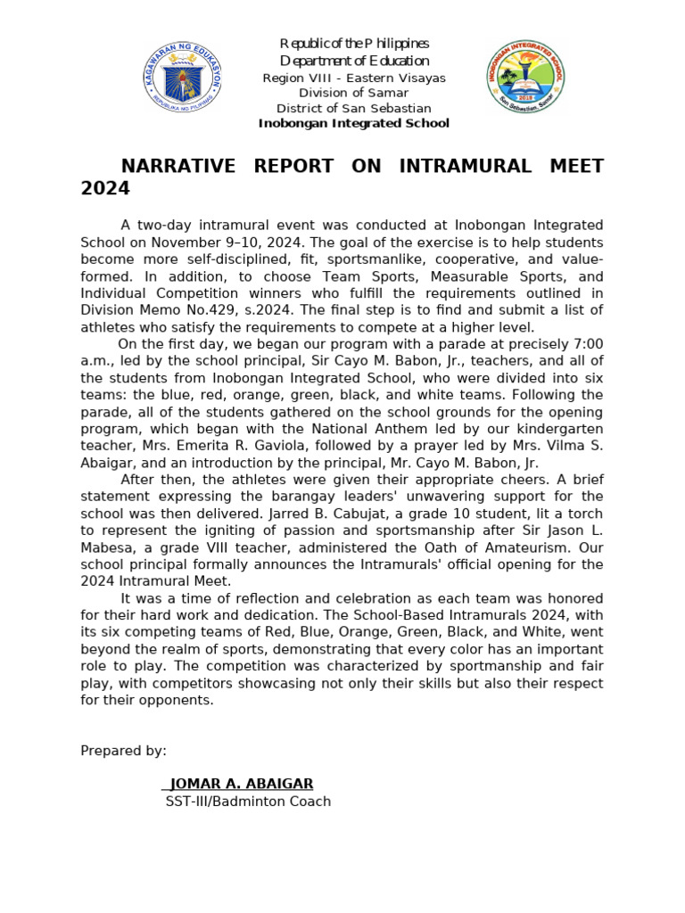 NARRATIVE-REPORT-FOR-INTRAMURAL-2024 | PDF