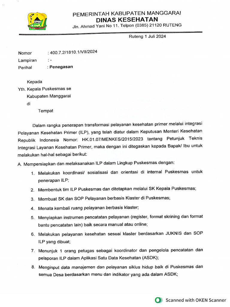 Surat Penegasan Tentang ILP Di Puskesmas, Pustu, Posyandu 2024 | PDF