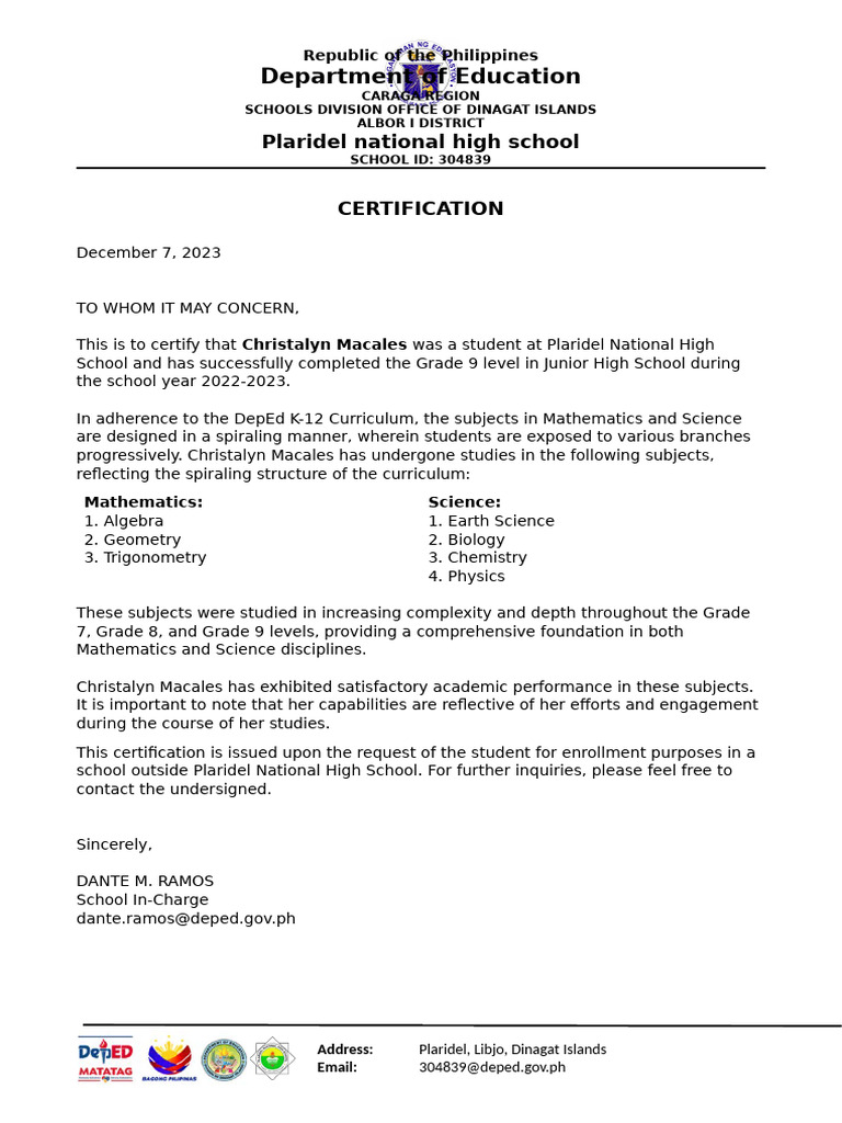 Grade 9 Certification for Christalyn Macales | PDF