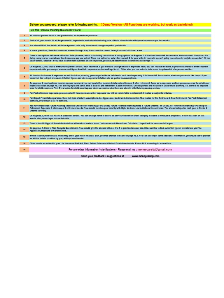 Personal Financial Planning Questionnaire / Data Gathering Sheet in ...
