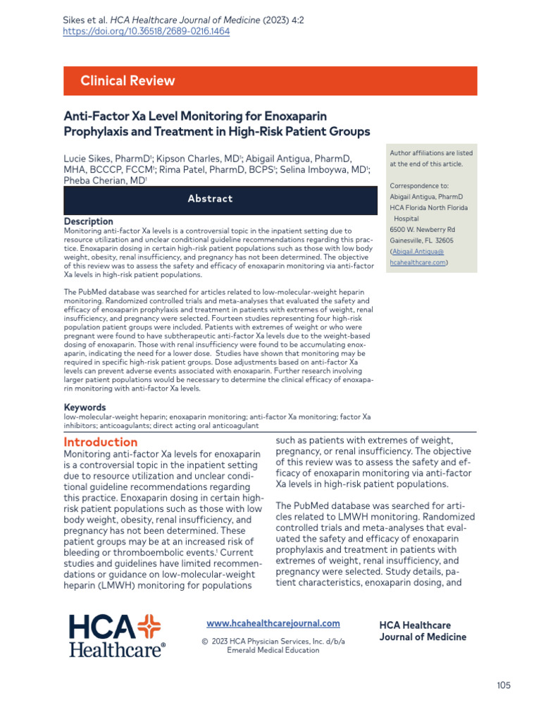 Anti Factor Xa Enoxaparin Treatment | PDF | Clinical Medicine | Medical ...