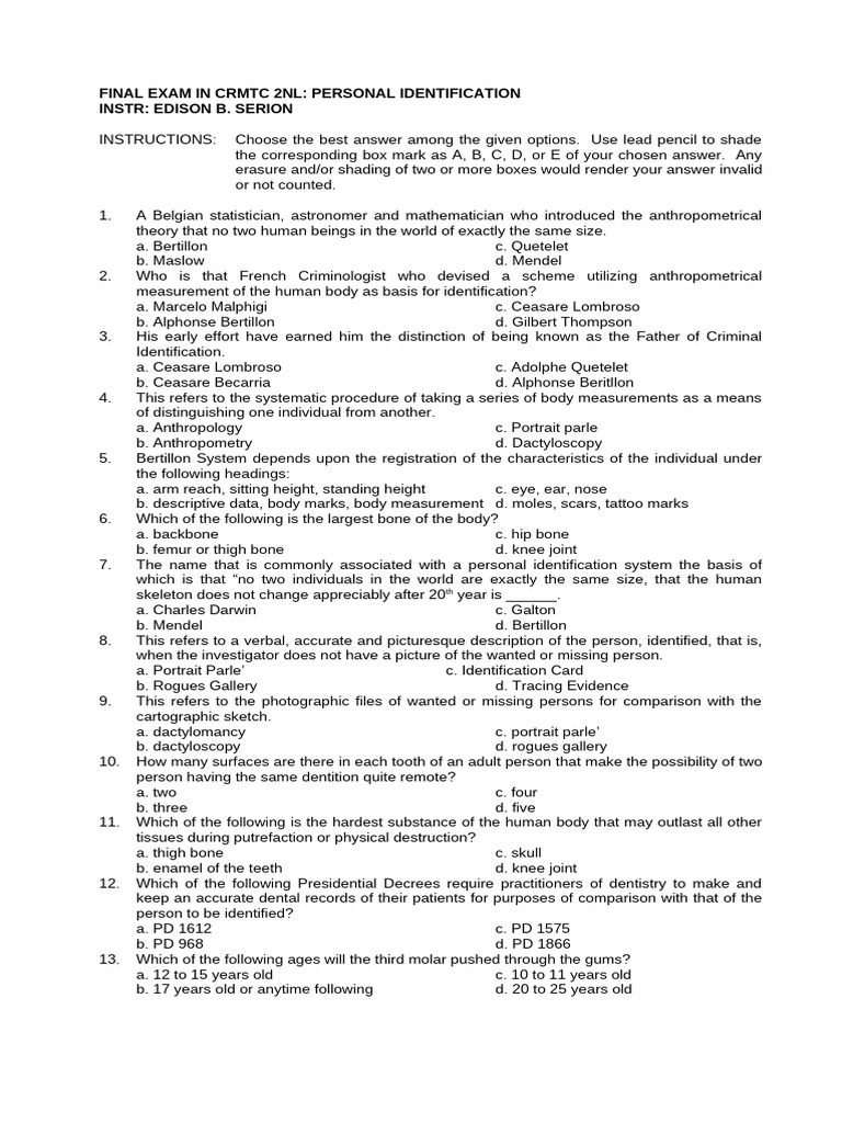 CRMTC 2NL Final Exam: Personal ID | PDF | Fingerprint | Dna Profiling