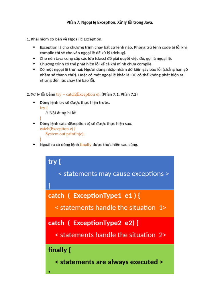 Phần 7. Ngoại lệ Exception. Xử lý lỗi trong Java | PDF