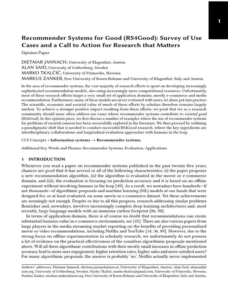 6-Recommender Systems For Good RS4Good Survey of Use | PDF ...
