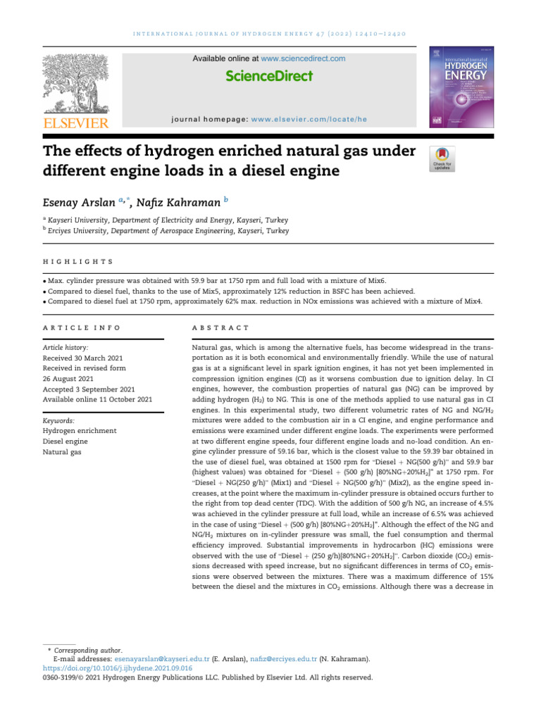 The Effects of Hydrogen Enriched Natural Gas Under Different Engine Loads in A Diesel Engine ...