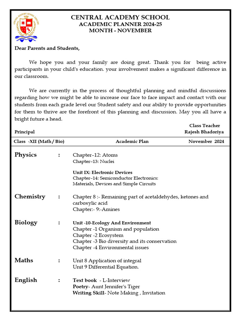 November Academic Planner 2024-25 | PDF