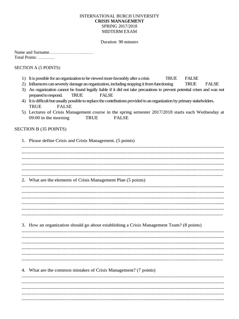 Crisis Management Mid Term | PDF | Crisis Management