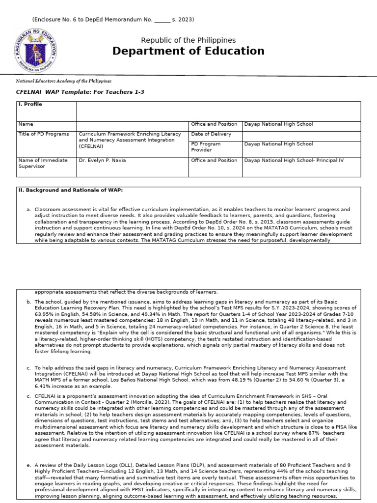 CFElNAI WAP Template For Teachers | PDF | Educational Assessment | Literacy