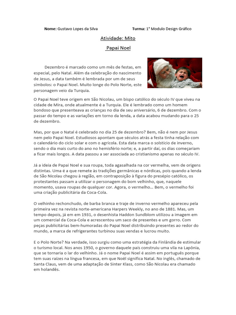 Atividade Mito, Gustavo Lopes da Silva PDF | PDF | Papai Noel | Natal